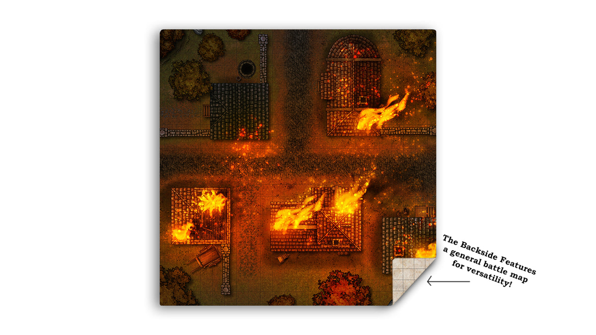 Burning Town TTRPG Battle Map | Double-Sided | 2ft x 2ft – Jankmats